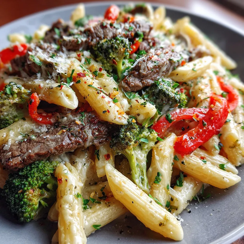 Creamy Garlic Parmesan Penne with Steak, Broccoli & Bell Peppers – Food ...